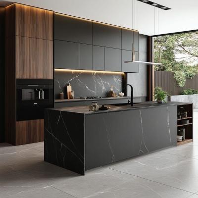 China Modern Kitchen Cabinet with Island Sintered Stone Countertop Wood Grain 18mm Plywood for Villa for sale