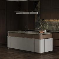 China Luxury EB Board Kitchen Cabinets Solid Wood Walnut Flat Pack 18mm Carcass Quartz Countertop for sale