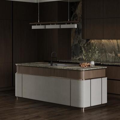 China Luxury EB Board Kitchen Cabinets Solid Wood Walnut Flat Pack 18mm Carcass Quartz Countertop for sale