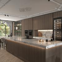 China Custom Modular High End Kitchen Cabinets with Built In Island 18mm Plywood Quartz Countertop for sale
