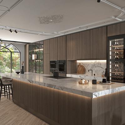 China Custom Modular High End Kitchen Cabinets with Built In Island 18mm Plywood Quartz Countertop for sale