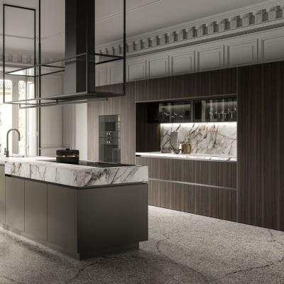 China Custom Kitchen Cabinet Set with Island Lacquer Finish 18mm E1 Grade Wood for Villa for sale