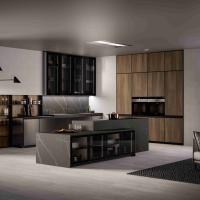 China Modular Walnut Wood Veneer Kitchen Cabinets with Matt Black Glass Doors 18mm E1 Board for sale