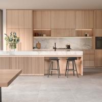 China Custom Eco-Friendly Wood Grain Kitchen Cabinet with Marble Countertop 16mm MDF for Residential Projects for sale