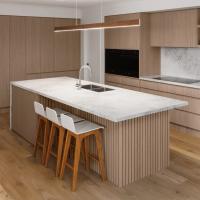 China Australian Standard Modern Veneer Kitchen Cabinets with Marble Countertop 20mm for Contractors for sale