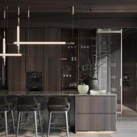 China Luxury Modular Kitchen Cabinet Walnut Wood Veneer Matte Black Glass Door 18mm E1 Plywood for sale