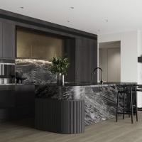 China Customized Modern Gray Wood Grain Kitchen Cabinet 18mm MDF 3D PVC Smart Glass Door for sale