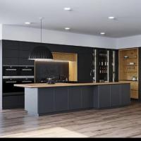 China Custom Luxury Wood Grain MDF Moisture Resistant Frameless Kitchen Cabinets 18mm Dubai Skyscraper Bulk Supplier for sale