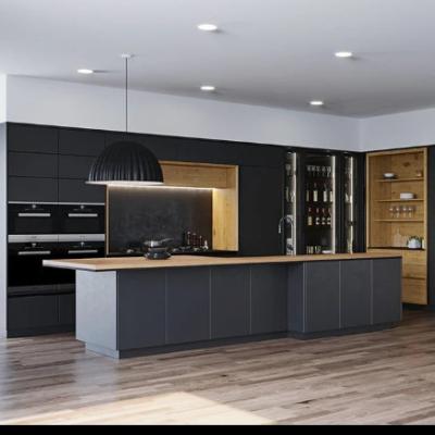 China Custom Luxury Wood Grain MDF Moisture Resistant Frameless Kitchen Cabinets 18mm Dubai Skyscraper Bulk Supplier for sale