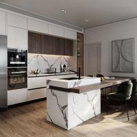 China Custom Color Solid Wood Veneer Flat Panel Kitchen Cabinets with Island Swashed Oak 18mm for sale