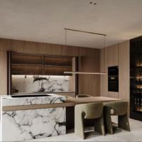 China New Kitchen Cabinet Swashed Oak Flat Panel Kitchen with Island Customized Color Solid Wood Veneer Style Kitchen Cabinet for sale