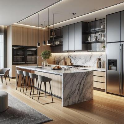 China Luxury Custom Modern Kitchen Cabinet 304 Stainless Steel 18mm Carcass Lacquer Veneer Island for sale