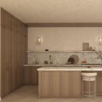 China Luxury Modern French Kitchen Cabinet with Island 18mm E0 Melamine Board Customizable for Apartment Villa for sale