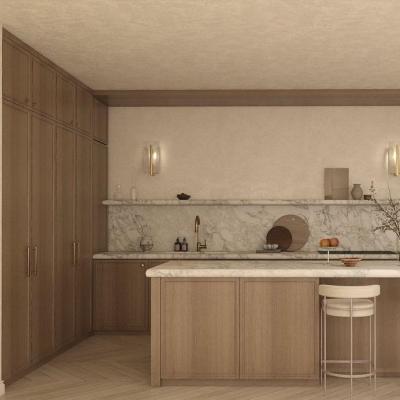 China Luxury Modern French Kitchen Cabinet with Island 18mm E0 Melamine Board Customizable for Apartment Villa for sale