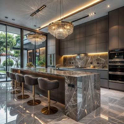 China Modern Luxury Kitchen Cabinet Black Stainless Melamine Board 16mm 550mm Modular Design for Apartment for sale