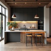 China Luxury Solid Wood Kitchen Cabinet with Island Quartz Countertop Villa Custom 1200mm for sale