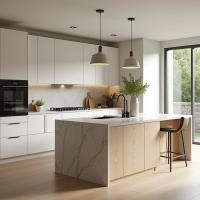 China Contemporary Matt Lacquer Kitchen Cabinets with Wood Veneer Island 5 Year Warranty for sale