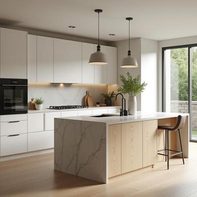 China Contemporary Matt Lacquer Kitchen Cabinets with Wood Veneer Island 5 Year Warranty for sale