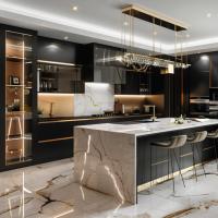 China Custom Modular Kitchen Cabinets MDF Wall Island Base with Glass Acrylic Marble Laminate Backsplash for sale