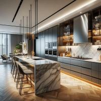 China Custom Modular Kitchen Cabinets MDF Wall Island Base with Glass Acrylic Marble Laminate Backsplash for sale