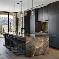 China Custom Modern Minimalist Kitchen Cabinets 304 Stainless Steel Carcase Solid Wood Island Granite Countertop Including Sink for sale