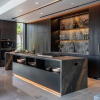 China Modern Minimalistic Black Melamine Kitchen Cabinet Set with Island Unit for Villa Apartment 16mm Carcase for sale