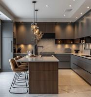 China Luxury Modern Kitchen Cabinets with Stone Island Solid Wood Plywood 18mm Carcase Granite Sink Backsplash for sale