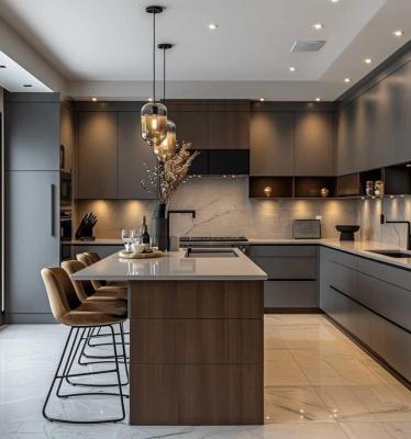 China Luxury Modern Kitchen Cabinets with Stone Island Solid Wood Plywood 18mm Carcase Granite Sink Backsplash for sale
