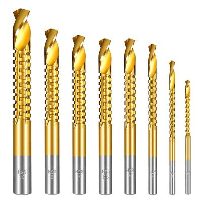 China 8 Pack Titanium Coated HSS Twist Drill Bits 3-10mm Serrated Side Cutting Spiral Saw Drill Bit Woodworking Tools Grooving Cutting Hole Holesaw Tool for sale