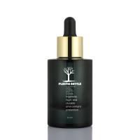China Custom Cosmetic Serum Bottle Black Gold Frosted Flat Shoulder Dropper Bottle for sale