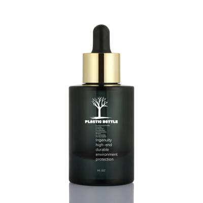 China Custom Cosmetic Serum Bottle Black Gold Frosted Flat Shoulder Dropper Bottle for sale