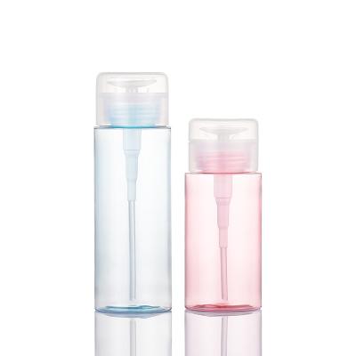 China Pink Makeup Remover Cosmetic Packaging Empty Bottle Blue Nail Polish Remover Press Pump Round Dispenser Flip Cap for sale