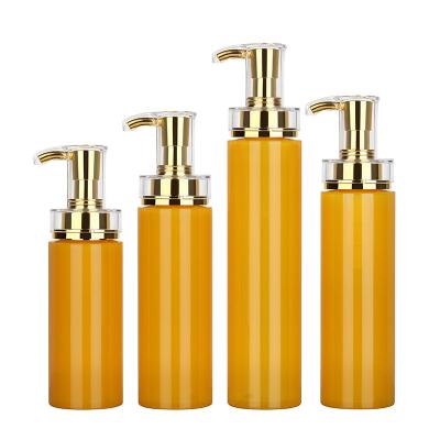 China Custom Plastic Pet Body Lotion Bottle Shampoo Shower Gel container With Gold Pump 350ml for sale
