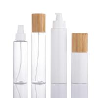 China Eco Friendly PET Plastic Cosmetic Packaging Shampoo Bottles with Bamboo Pump lid for sale