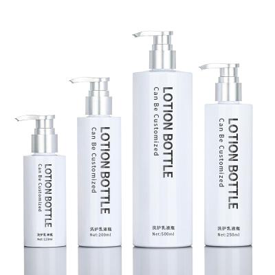 China PET White Round Shower Gel 200ml 500ml Silver Top Serum Conditioner Plastic Shampoo Pump Skincare Packaging Bottle for sale