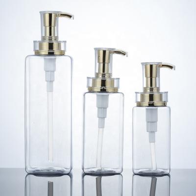 China Luxury 300ml 400ml 500ml Hotel Empty Conditioner Packaging16oz Men Clear Lotion Plastic Shampoo Bottle With Gold Pump for sale