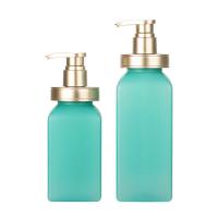 China Luxury 500ml 750ml Matte Light Green Square Body Wash Soap Airless Salon Packaging Shampoo Bottle With Gold Pump for sale