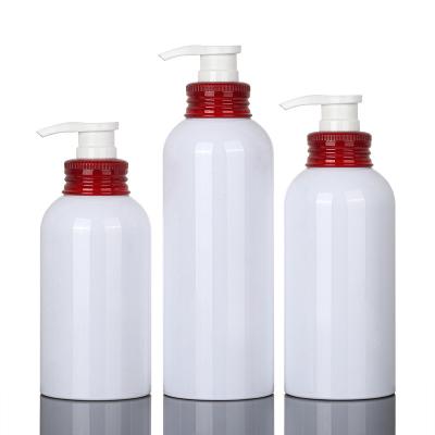 China 350ml 500ml White Red Pump Empty Shampoo Body Wash Plastic Round Container Lotion Bottles for sale