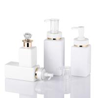 China High Quality Luxury White Customize Square  Shampoo Hair Lotion Bottle With Diamond Gold Rim Cap for sale