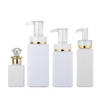 China High Quality Luxury White Customize Square  Shampoo Hair Lotion Bottle With Diamond Gold Rim Cap for sale