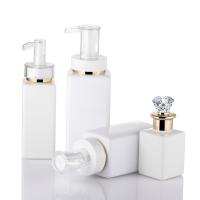 China High Quality Luxury White Customize Square  Shampoo Hair Lotion Bottle With Diamond Gold Rim Cap for sale