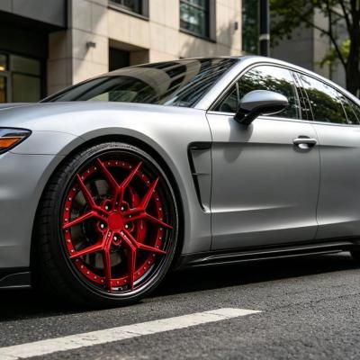 China 2 Piece Red Spoke Black Lip Forged Wheels 17/18/19/20/21/22/23/24 Inch 5 Hole Star Blade Rivet Deep Concave Custom Rims for sale