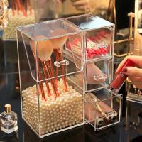China Clear Display Acrylic Makeup Brush Holder With Lid Pearl Cosmetic Storage Organizer for sale
