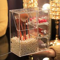 China Clear Display Acrylic Makeup Brush Holder With Lid Pearl Cosmetic Storage Organizer for sale