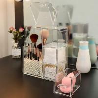 China Clear Display Acrylic Makeup Brush Holder With Lid Pearl Cosmetic Storage Organizer for sale