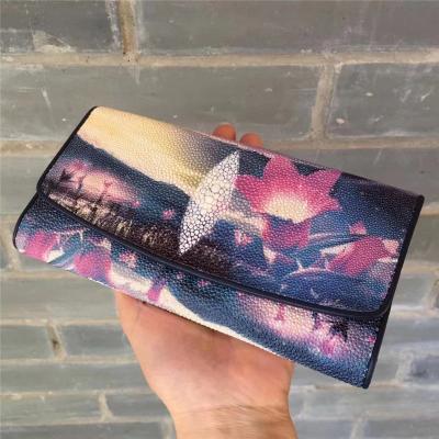 China Authentic Exotic Stingray Skin  Women's Long Wallet Genuine Leather Lady Floral Clutch Purse Female Large Card Holders for sale