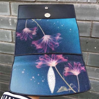 China Authentic Stingray Skin Female Long Flower Trifold Wallet Genuine Leather Lady Large Clutch Purse Women's Card Holders for sale