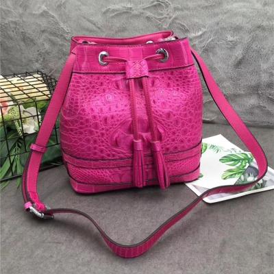 China Authentic Crocodile Skin Drawstring Closure Women's Bucket Purse Exotic Alligator Leather Lady Small Tassel Shoulder Bag for sale