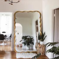 China Wavy Beveled Floor Mirror Wood Frame 600mm For Modern Bedroom Decoration for sale