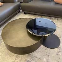 China Tempered Glass Gold Metal Round Coffee Table Contemporary Drum Shape for sale